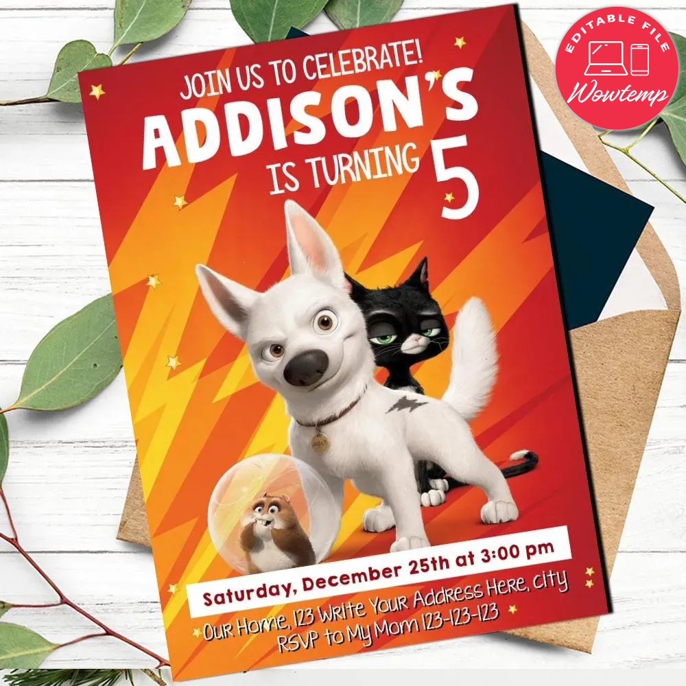 Printable Disney Bolt Birthday Flyer Instant Download | Wowtemp