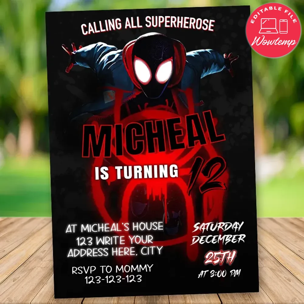 Editable Miles Morales - Into the Spiderverse Birthday Flyer | Wowtemp