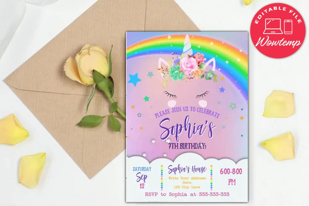 Editable Rainbow Unicorn birthday Flyer Instant Download | Wowtemp
