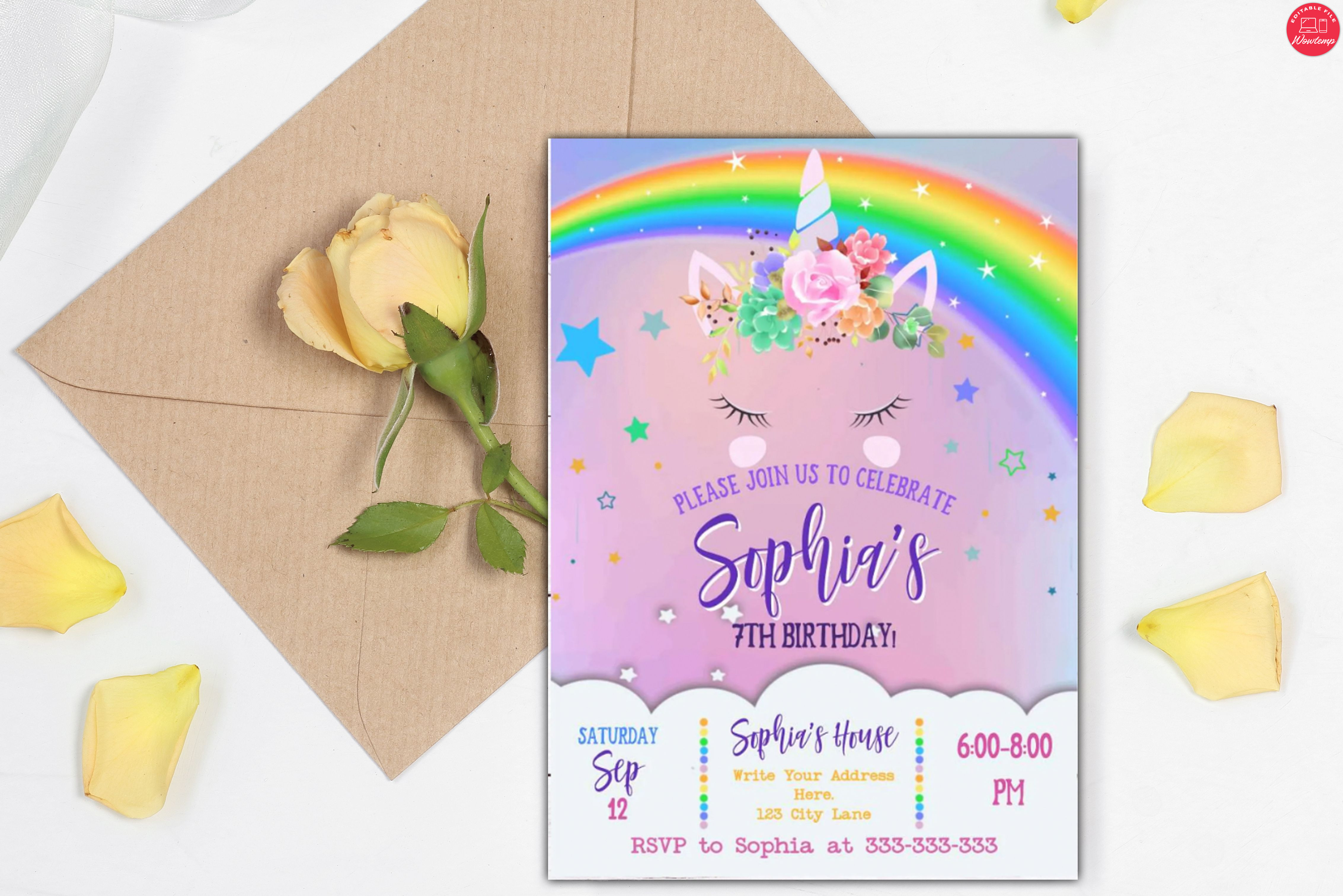 Editable Rainbow Unicorn birthday Flyer Instant Download | Wowtemp