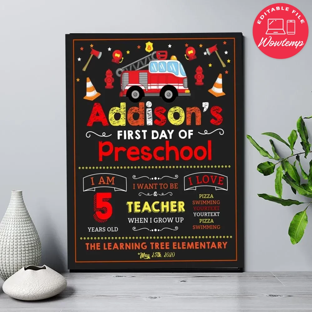 Firetruck First Day of Preschool Chalkboard Sign Printable | Wowtemp