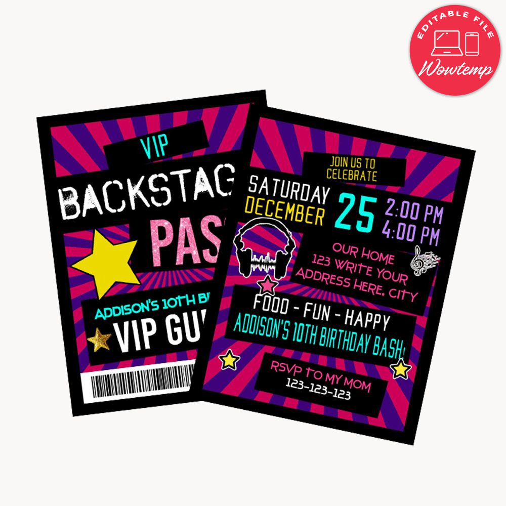 Backstage pass Customizable Template Instant Dow | Wowtemp