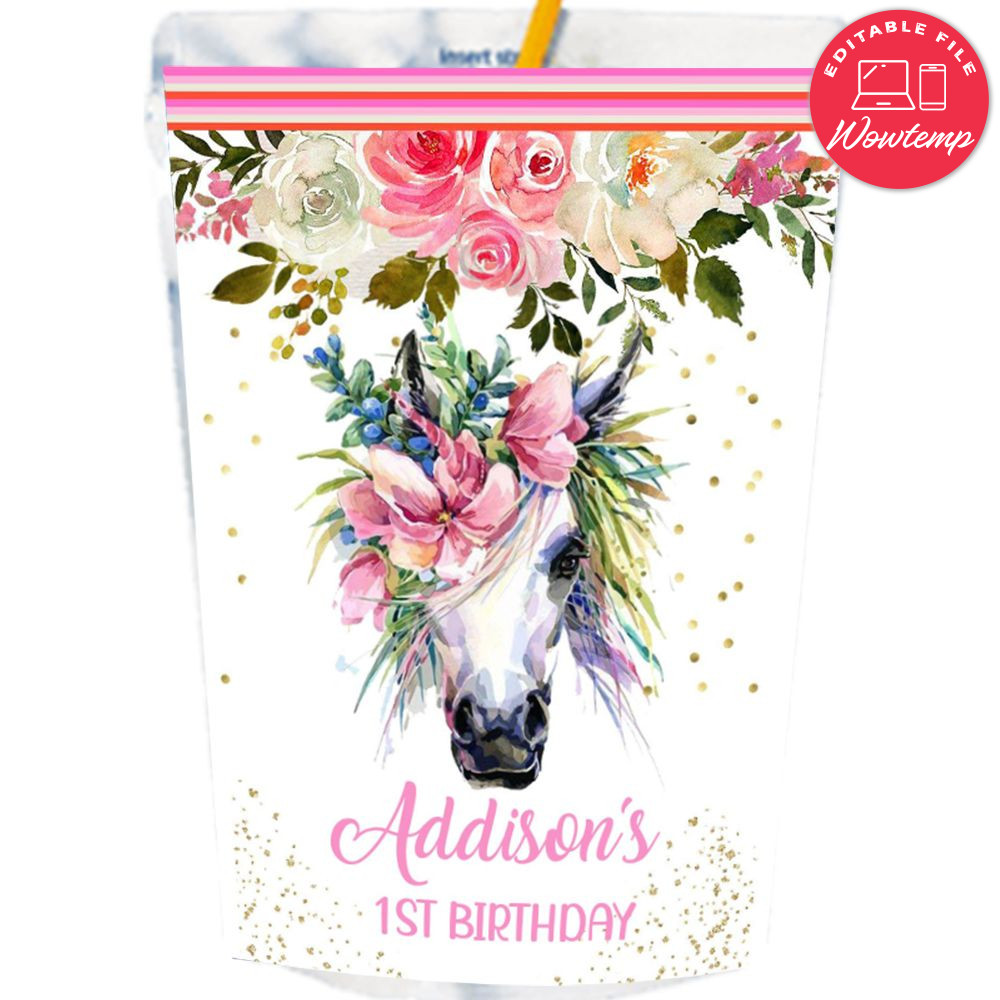 Pink Floral Horse Capri Sun Labels Printable Instant Download | Wowtemp