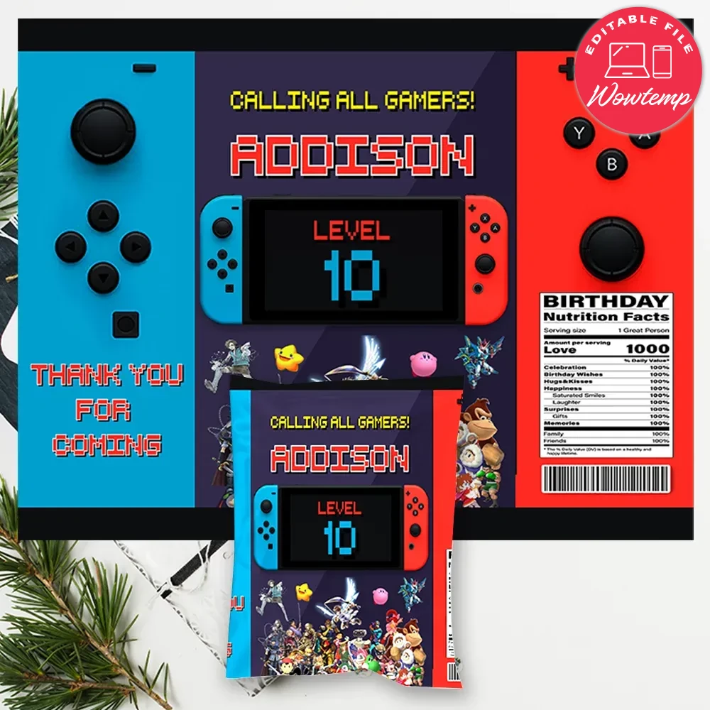 Nintendo Game Birthday Inspired Chip Bag Digital File Printable | Wowtemp