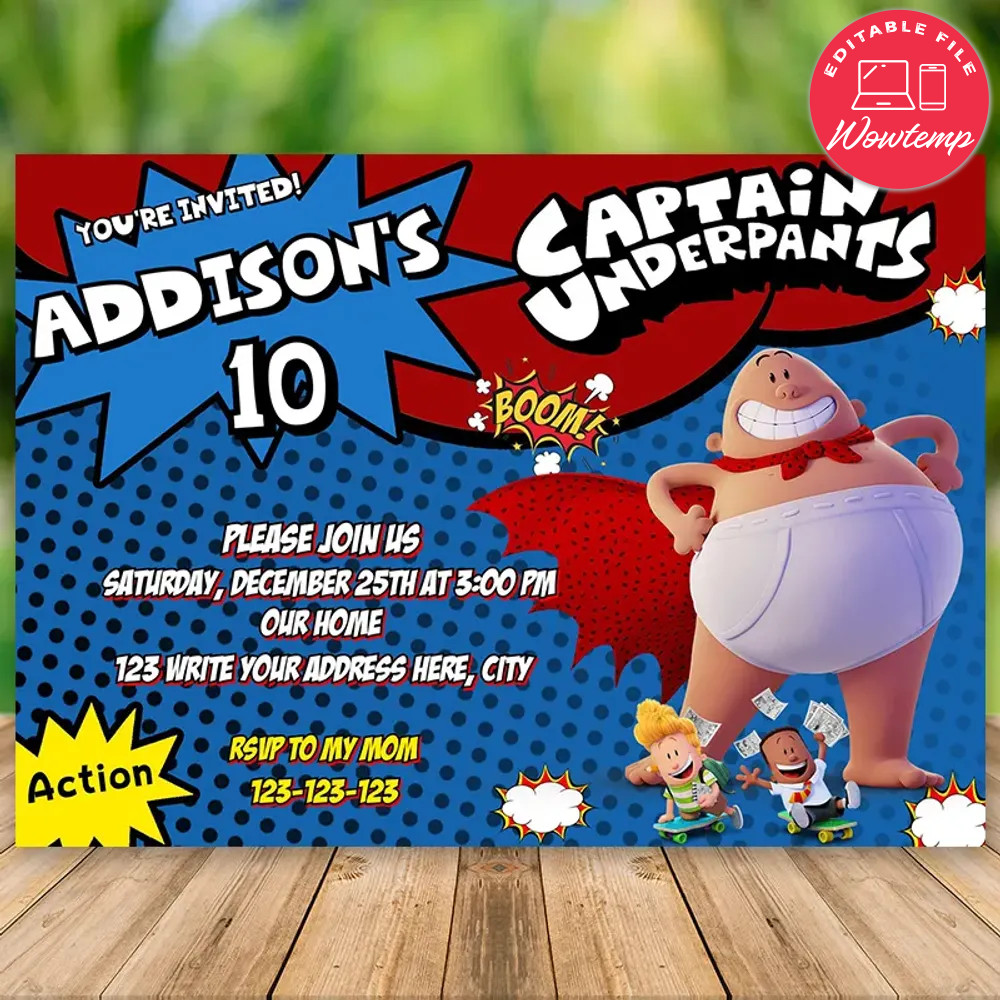 Editable Captain Underpants Birthday Flyer Instant Download | Wowtemp