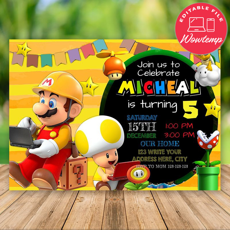 Editable Mario Maker Invitation and Free Thank You Card DIY | Wowtemp
