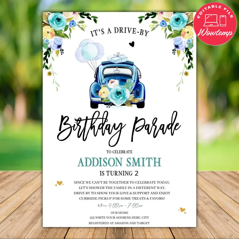 Blue Drive By Birthday Parade Invitation Free Thank You Card | Wowtemp