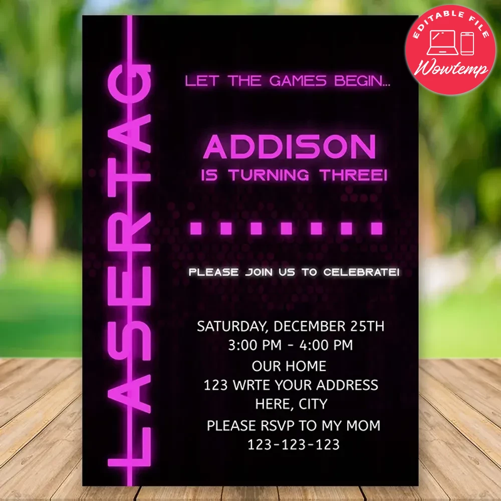 Editable Laser Tag Birthday Invitations for Girl Instant Download | Wowtemp