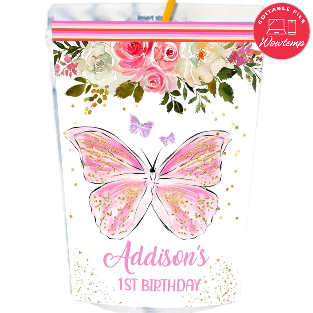 Pink butterfly Capri Sun Labels Printable Instant Download | Wowtemp