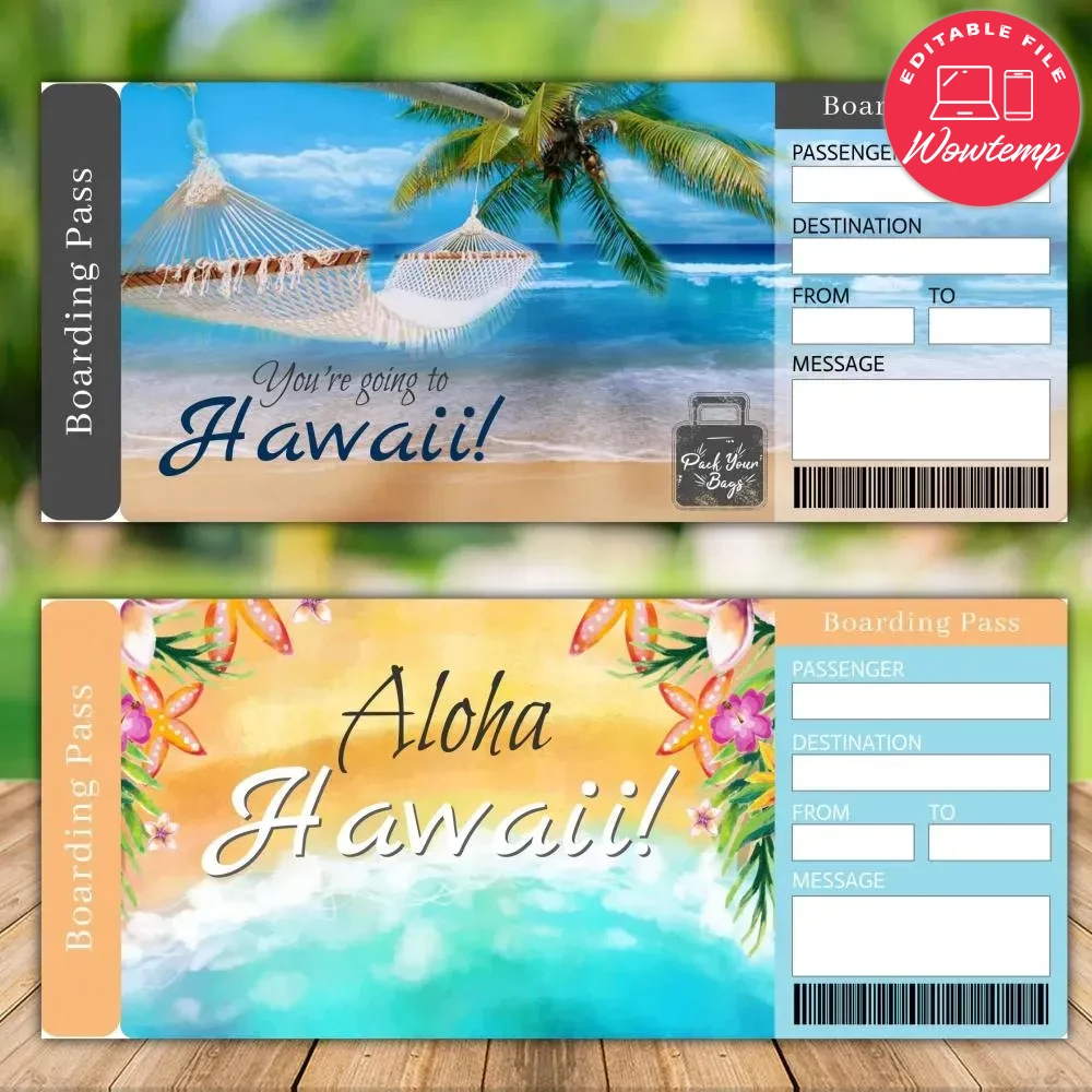 Editable HAWAII Surprise Trip Gift Ticket Instant Download | Wowtemp
