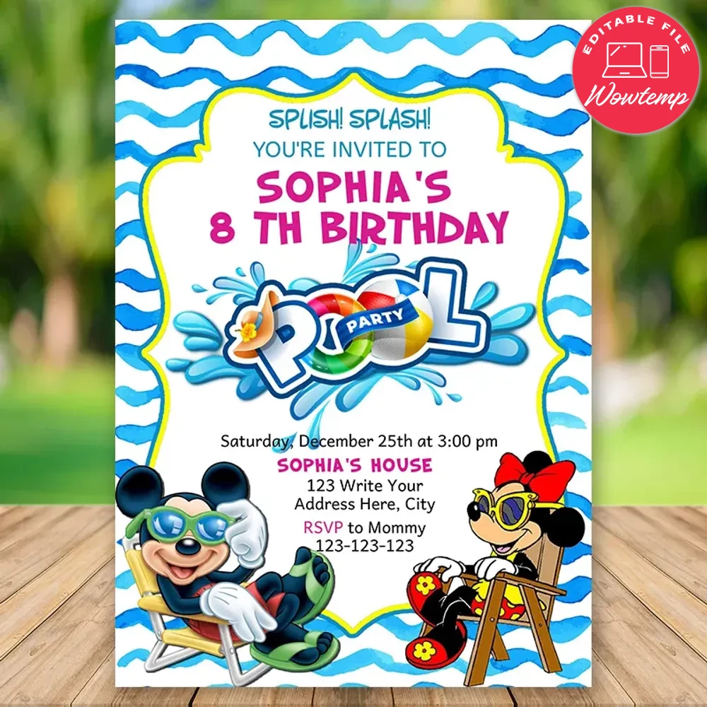 Personalized Mickey and Minnie Mouse Pool Party Invitation DIY | Wowtemp