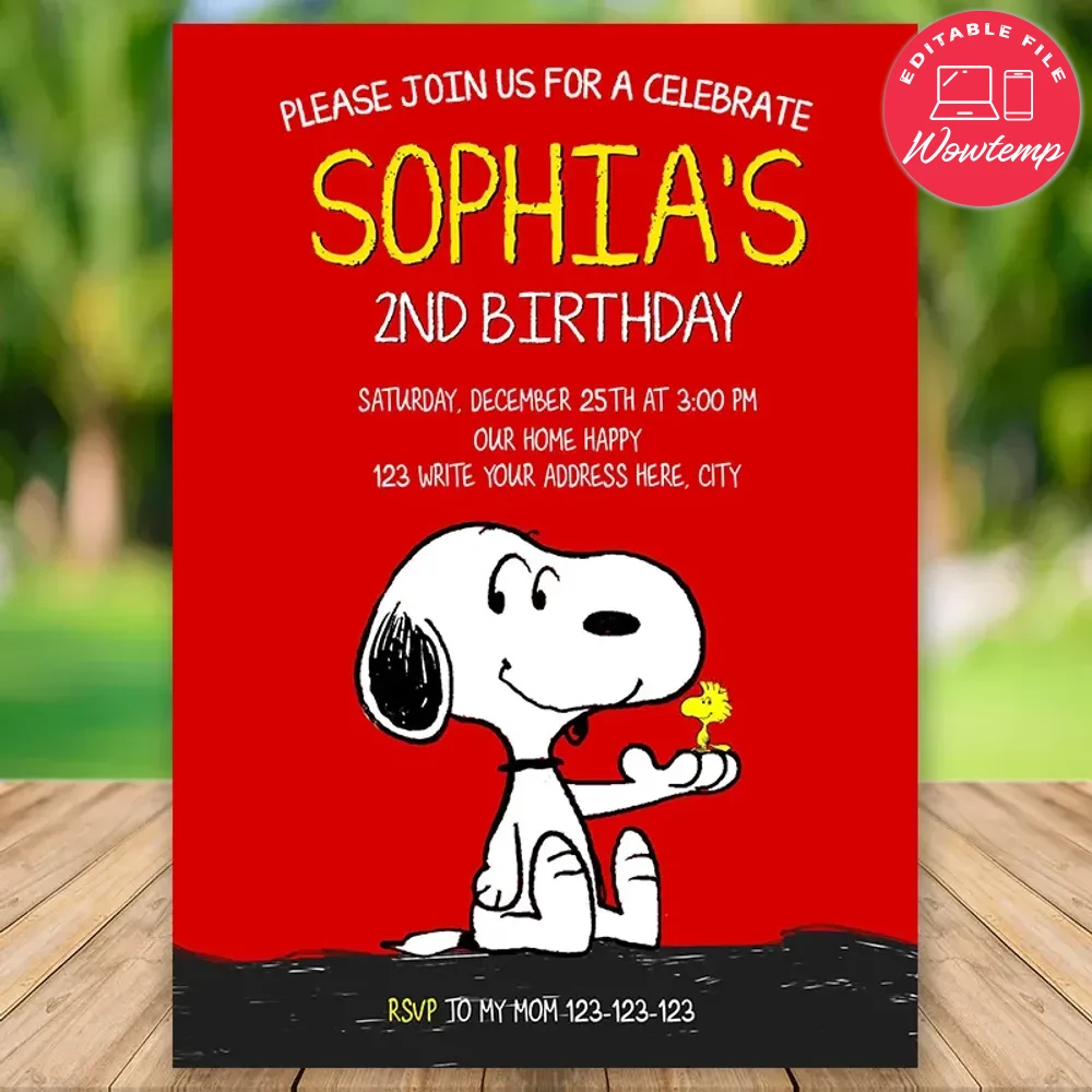 Editable Snoopy Peanuts Party Invitations Instant Download | Wowtemp