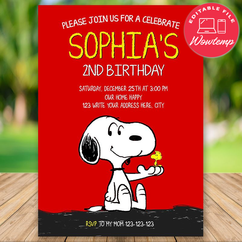 Editable Snoopy Peanuts Party Invitations Instant Download | Wowtemp