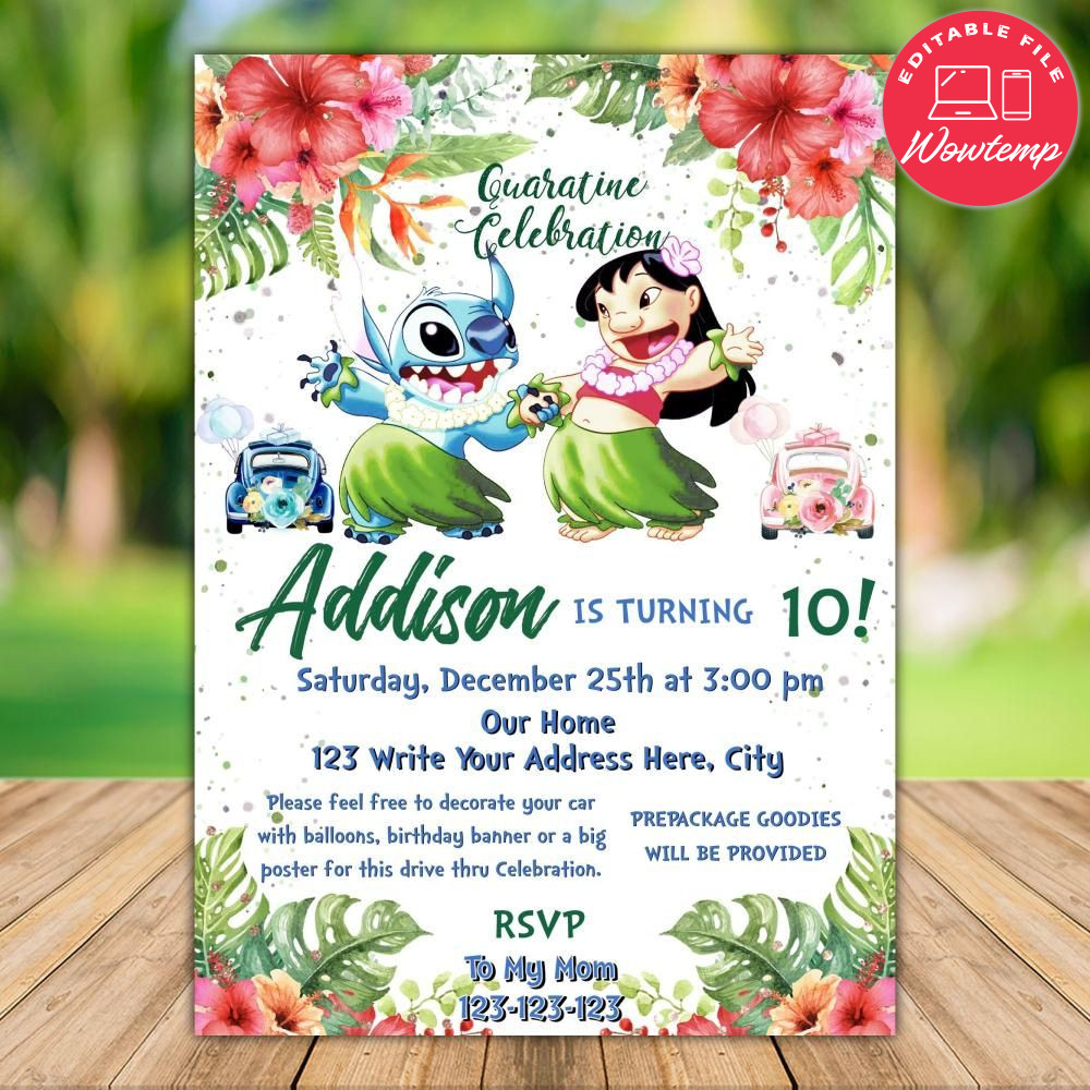 Printable Lilo and Stitch Drive By Birthday Parade Invitation DIY | Wowtemp