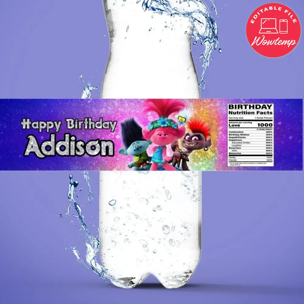 Trolls Movie Water Bottle Label Template DIY | Wowtemp