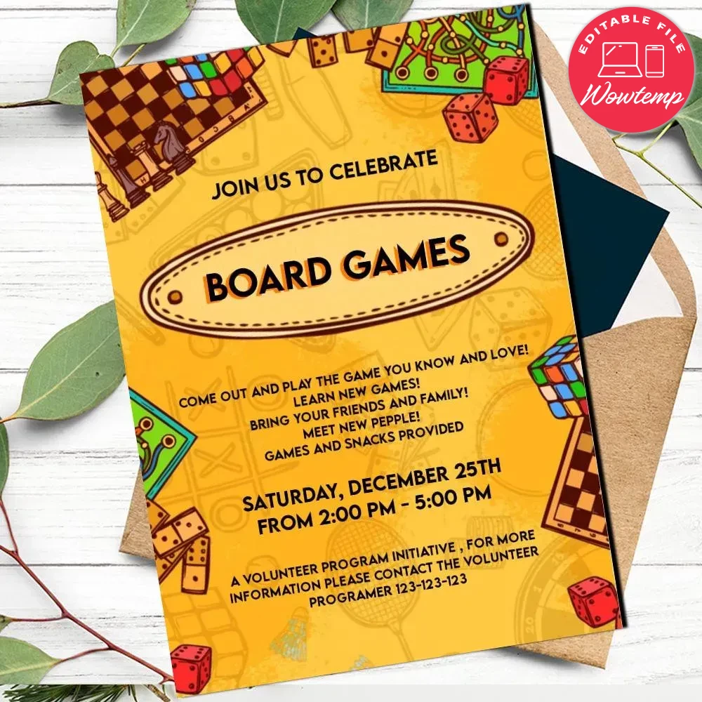 Board games tournament party invitation Customizable Template DIY | Wowtemp