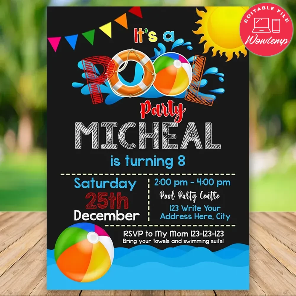 Editable Swimming Pool Birthday Invitations Instant Download | Wowtemp
