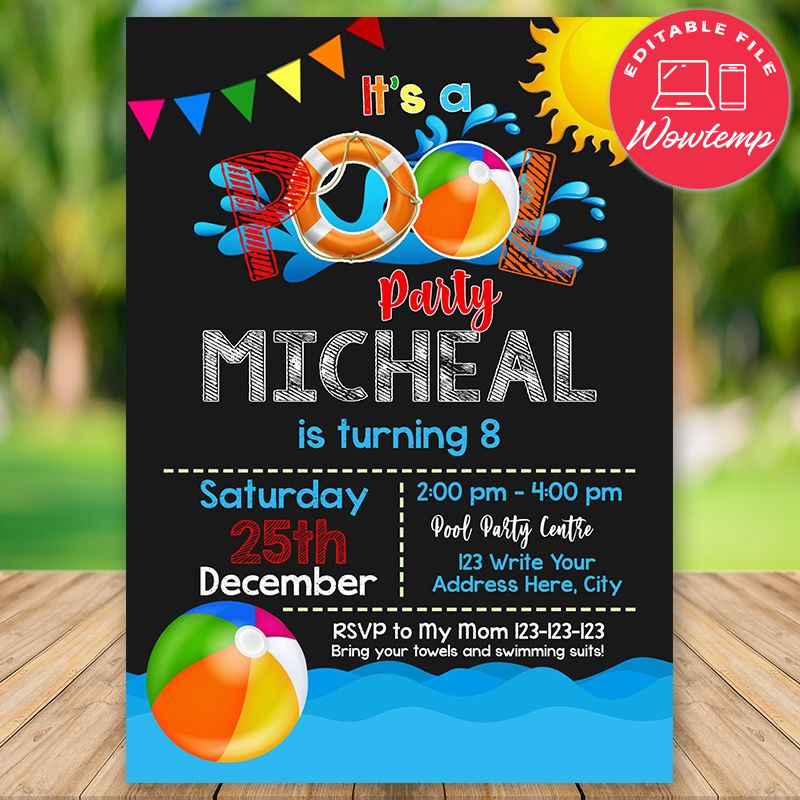 Editable Swimming Pool Birthday Invitations Instant Download | Wowtemp