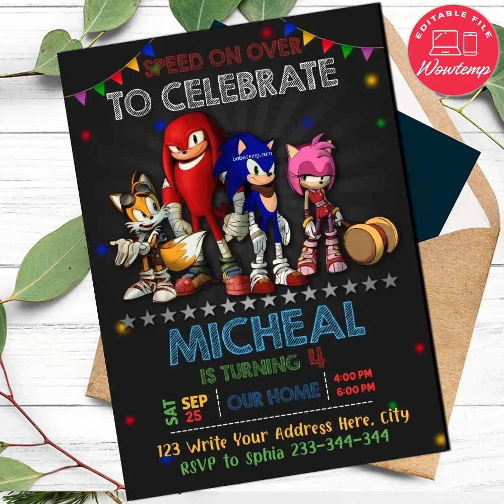 Sonic Party Birthday Flyer Editable Template | Wowtemp