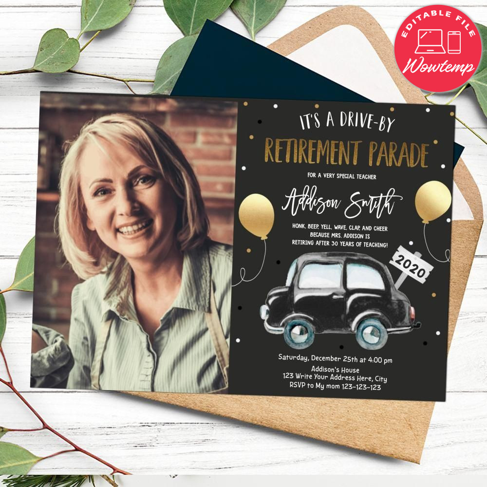 Teacher Retirement Parade Invitation With Photo to Print at Home | Wowtemp