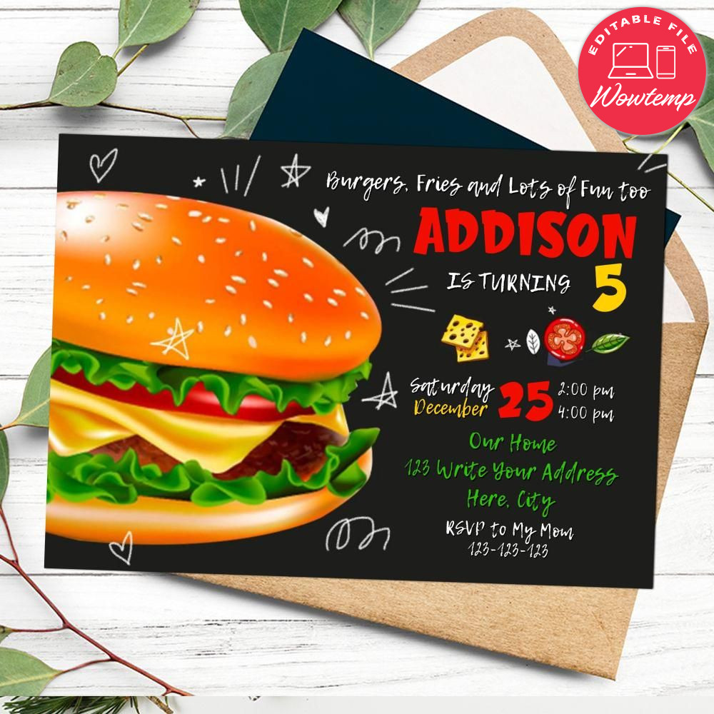 Burger Invitation Customizable Template DIY | Wowtemp