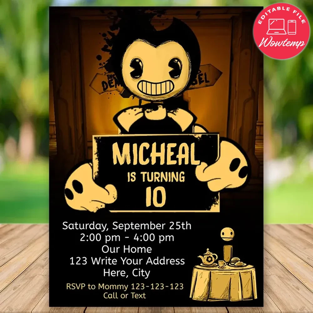 Editable Bendy Birthday Party Invitation Digital File | Wowtemp