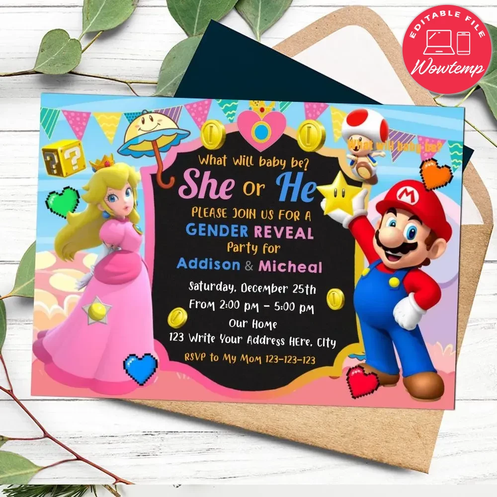 Mario Gender Reveal Invitation Customizable Template DIY | Wowtemp