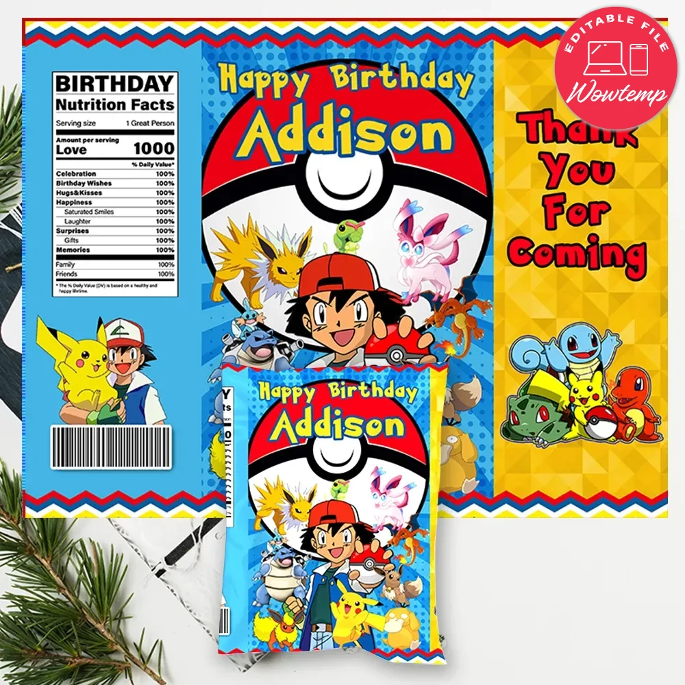 Pokemon Birthday Chip Bag Digital File Printable DIY | Wowtemp