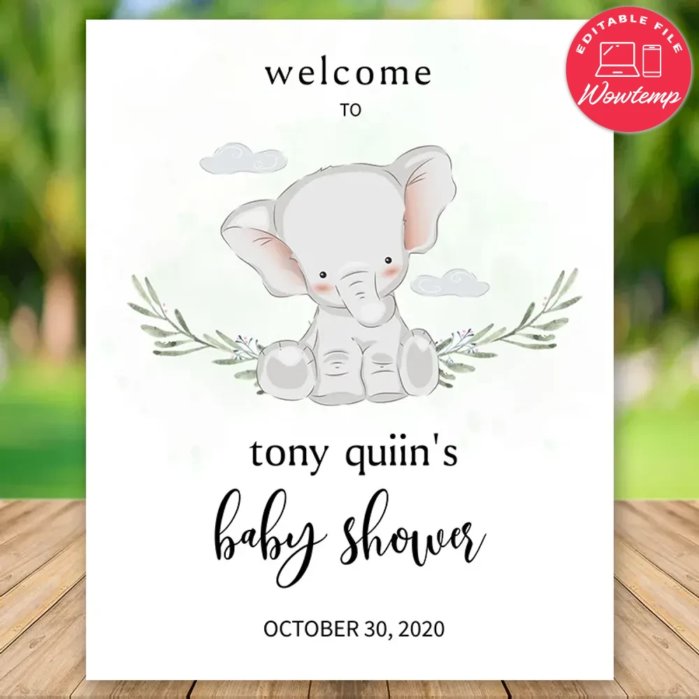 Printable Baby Elephant Baby Shower Welcome Sign Poster DIY | Wowtemp