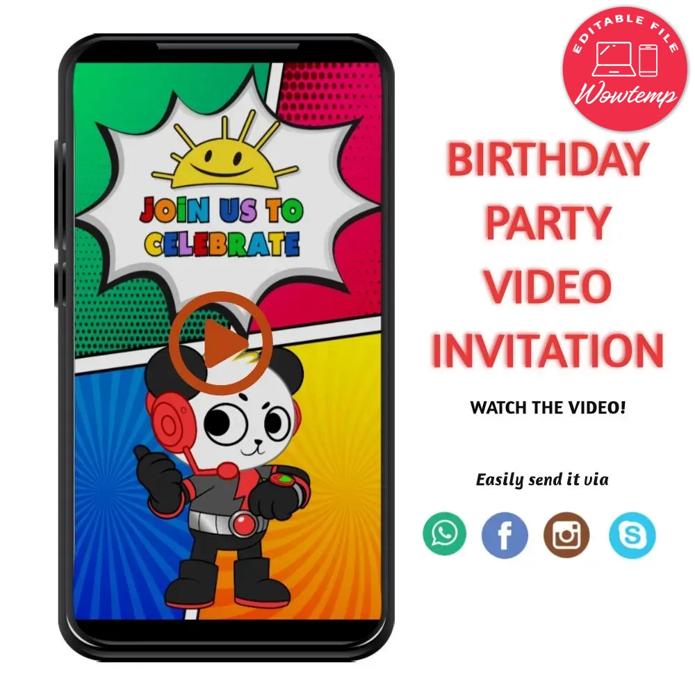 Ryan's world Video Invitation Digital Template Customizable DIY | Wowtemp