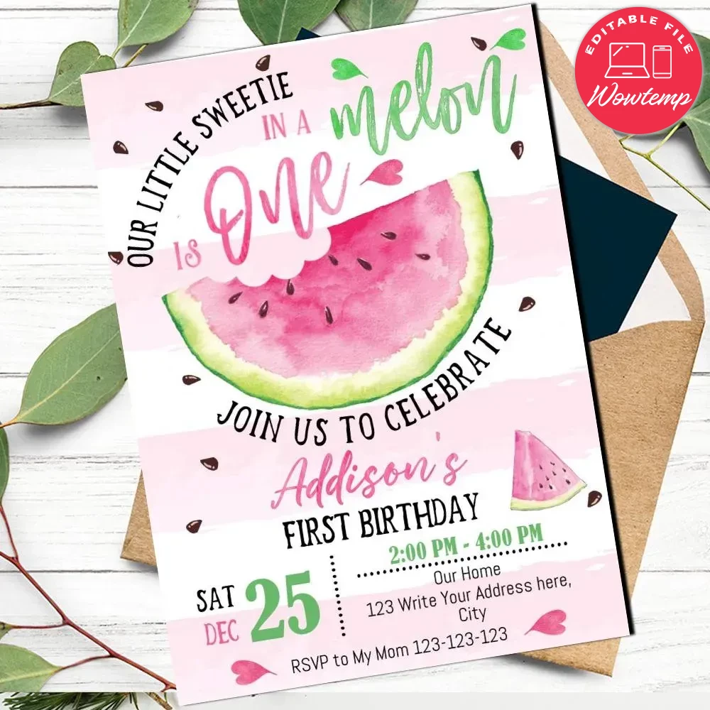 Editable Watermelon First Birthday Invitation Instant Download | Wowtemp