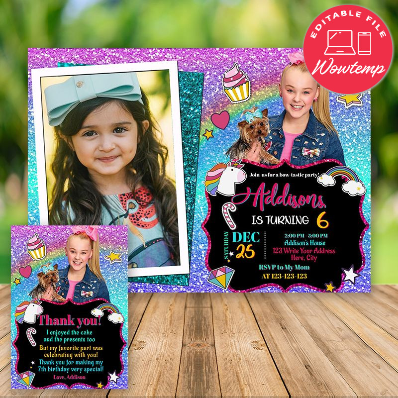 Editable Jojo Siwa Invitation With Photo and Free Thank You Card | Wowtemp