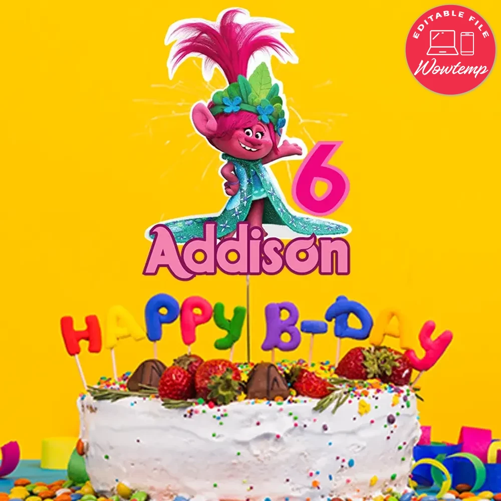 Printable Trolls Movie Birthday Cake Topper Template DIY | Wowtemp