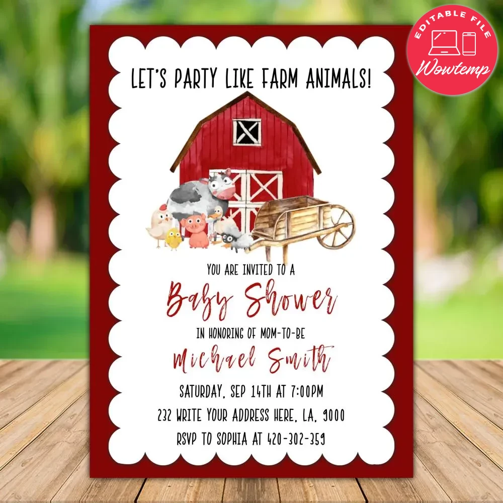 Printable Farm Animal Baby Shower Invitation Instant Download | Wowtemp