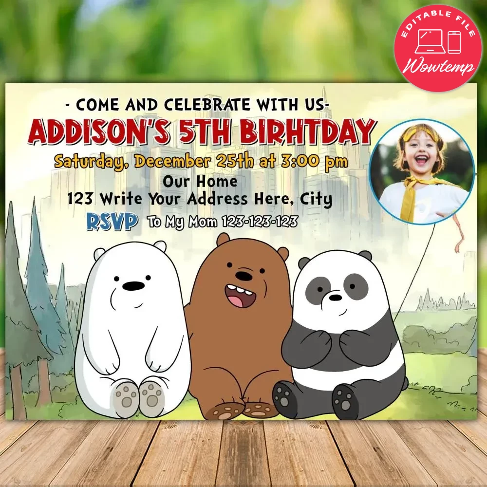 Printable We Bare Bears Birthday Invitation With Photo DIY | Wowtemp