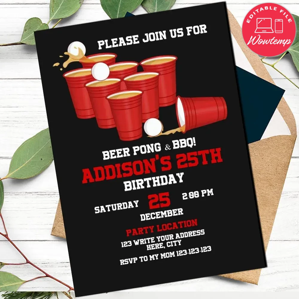 Beer Pong Birthday Invitation Customizable Template DIY | Wowtemp
