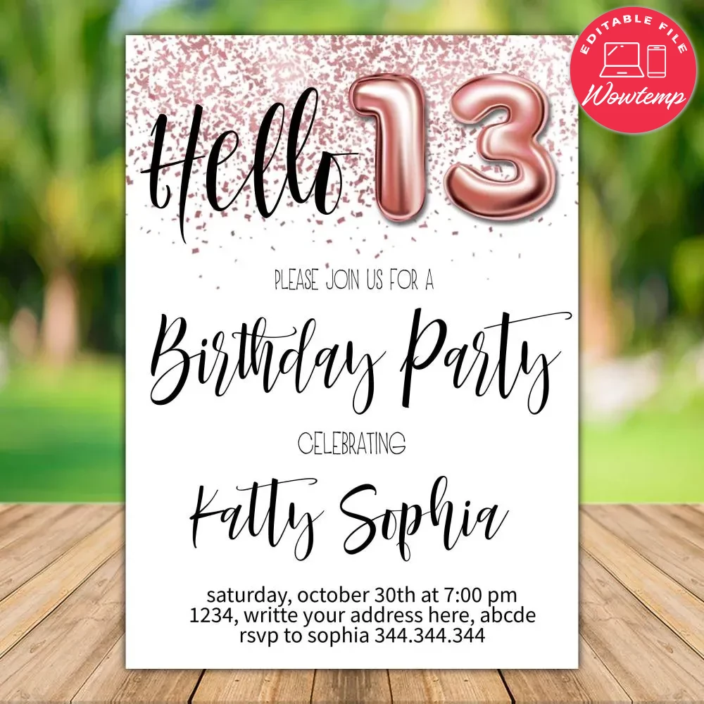 Printable Rose Gold 13th Birthday Invitation Instant Download | Wowtemp