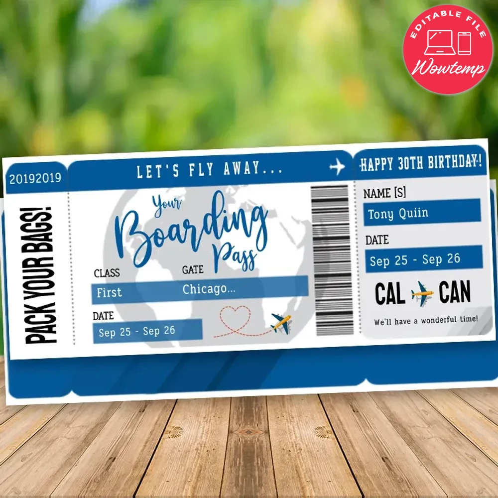 Boarding Pass Surprise Fake Airline Ticket Trip Gift Blue | Wowtemp
