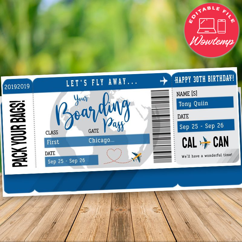 Boarding Pass Surprise Fake Airline Ticket Trip Gift Blue | Wowtemp
