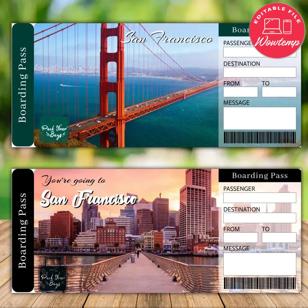 Editable SAN FRANCISCO Surprise Trip Gift Ticket Instant Download | Wowtemp