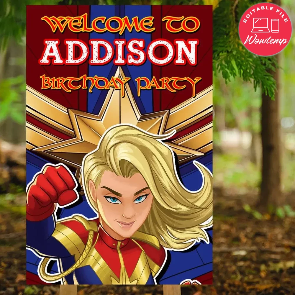 Captain Marvel Birthday Welcome Sign Digital File Printable DIY | Wowtemp