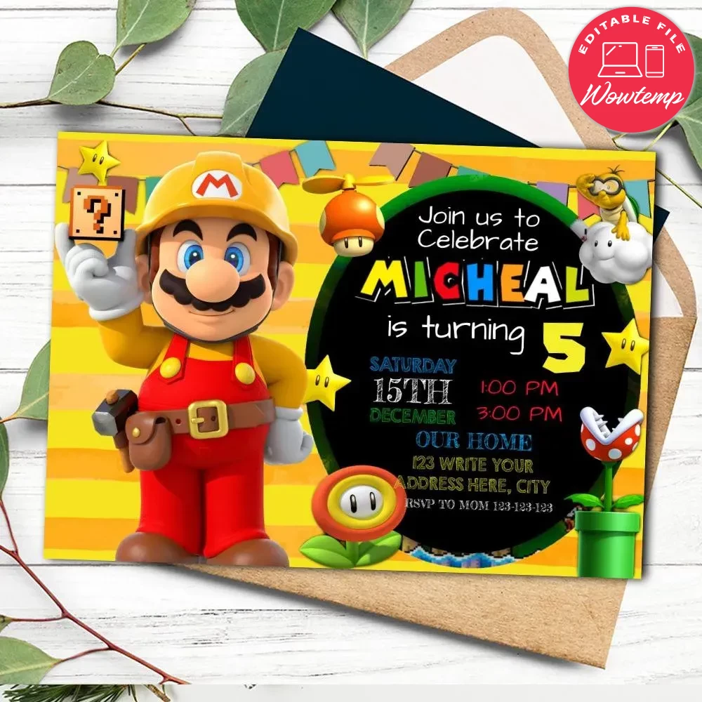 Editable Mario Luigi Bowser Toad Peach Mario Maker Invitation | Wowtemp