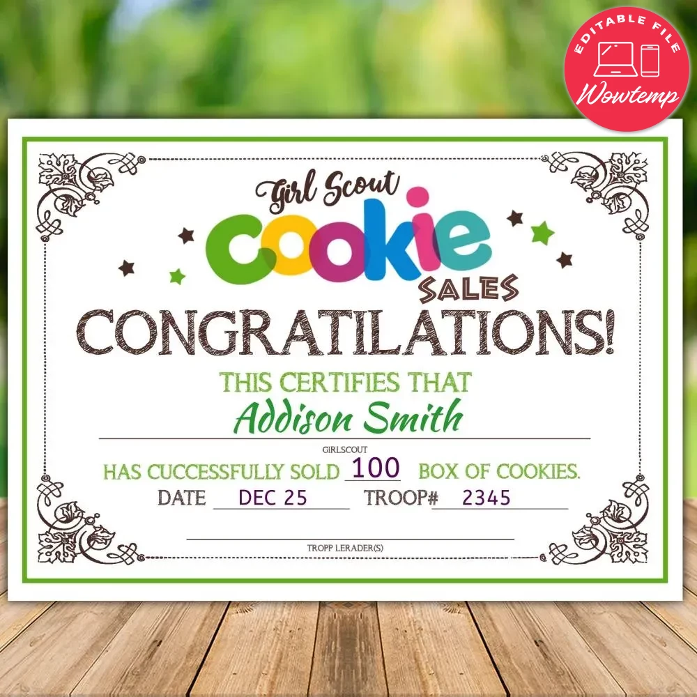 Printable Girl Scout Cookie Sales Congratulations Certificate DIY | Wowtemp