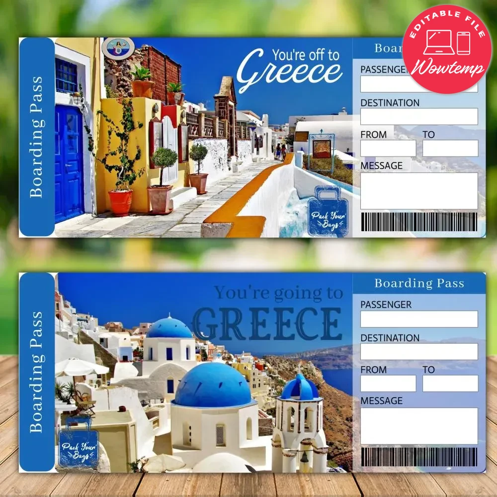 Editable GREECE Surprise Gift Ticket Instant Download | Wowtemp
