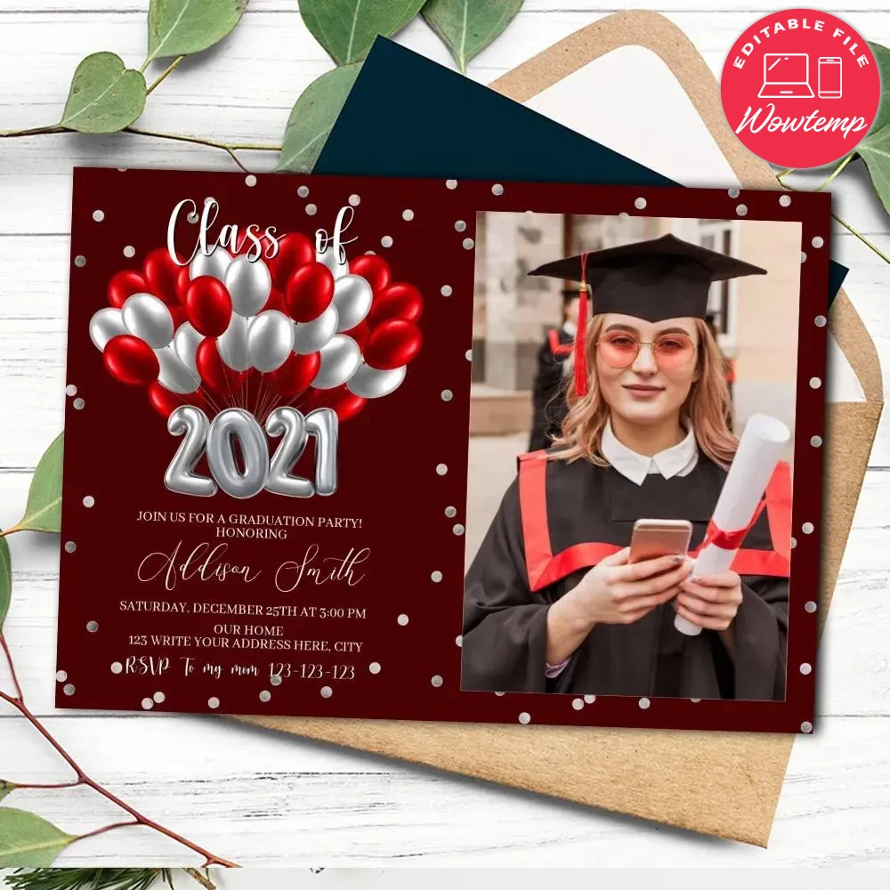Graduation red and white Invitation Customizable Template DIY | Wowtemp
