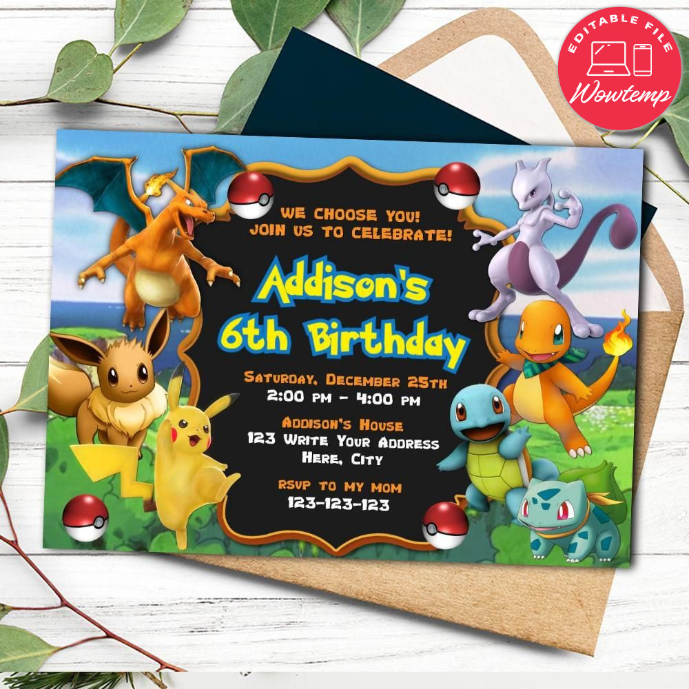 Pokemon Invitation Customizable Template Instant Download | Wowtemp