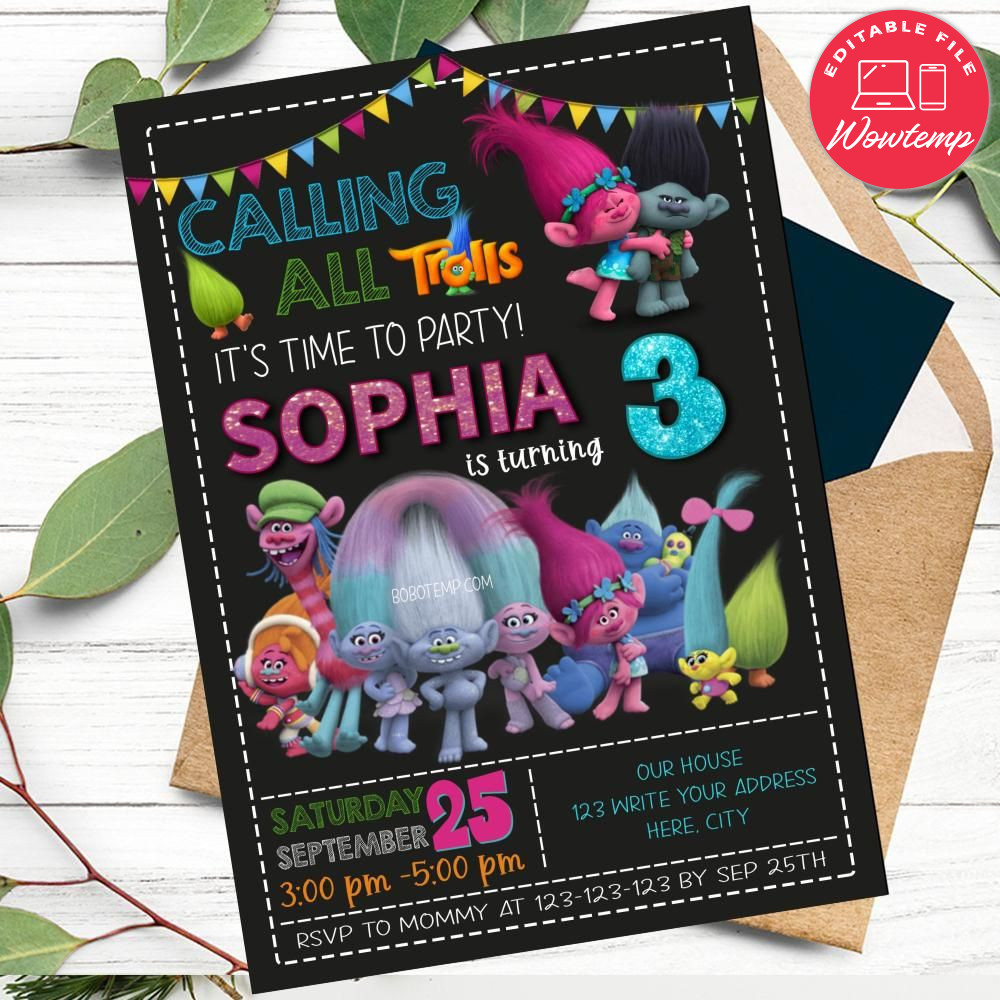 Trolls Birthday Invitation and Thank You Card Printable | Wowtemp