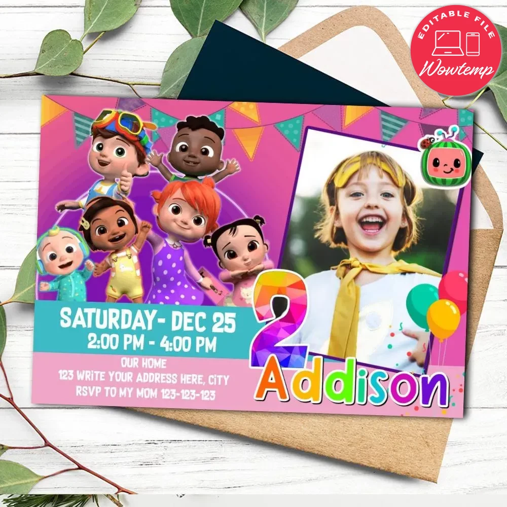 Cocomelon Girl invitation Custom Template with Photo DIY | Wowtemp