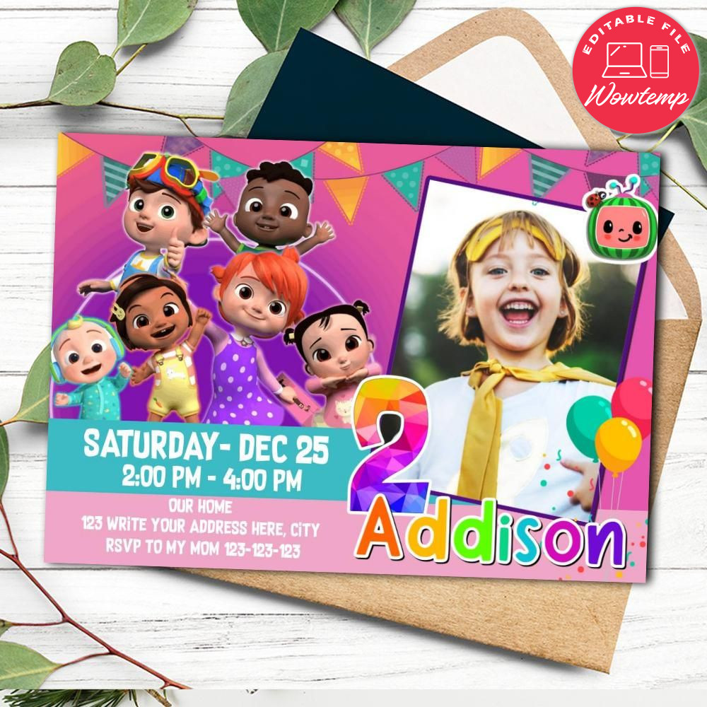 Girl Cocomelon invitation Custom Template with Photo DIY | Wowtemp
