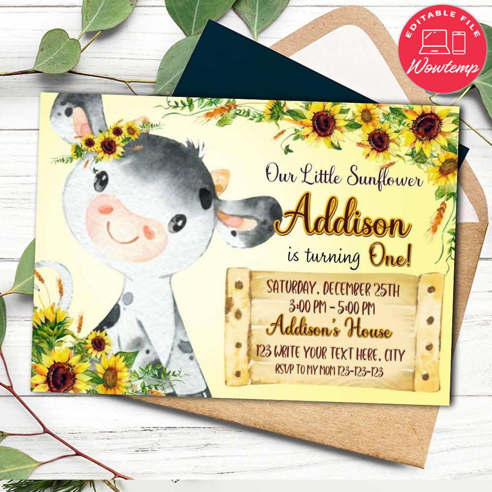 Cow sunflowers Invitation Template to print at home DIY | Wowtemp